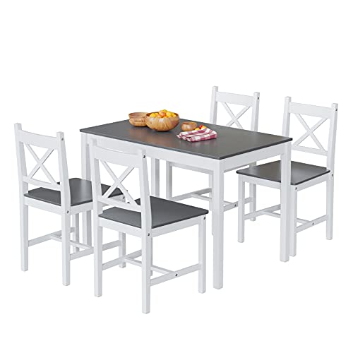 mecor 5-Piece Kitchen Dining Table Set, Pine Wood Dining Table and 4 Chairs Dinette Table Kitchen Room Furniture,Grey