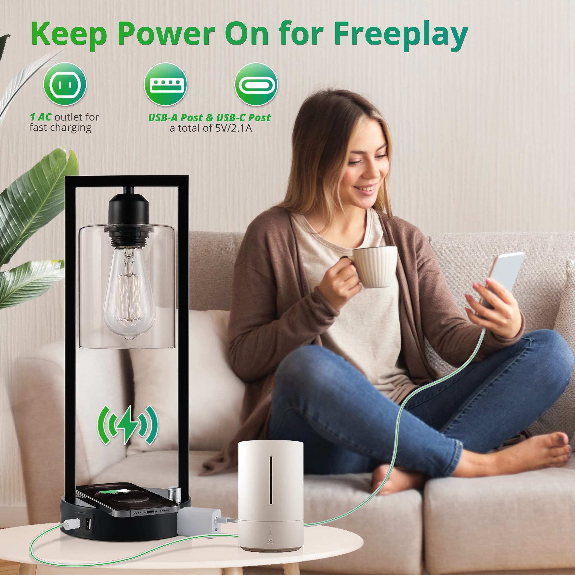 LEDIARY Set of 2 Wireless Charging Table Lamps with AC Outlet and 2 USB Ports, Fully Stepless Dimmable Bedside Lamps, Industrial Nightstand Lamp with Glass Shade for Bedroom, 2200K Bulbs Included
