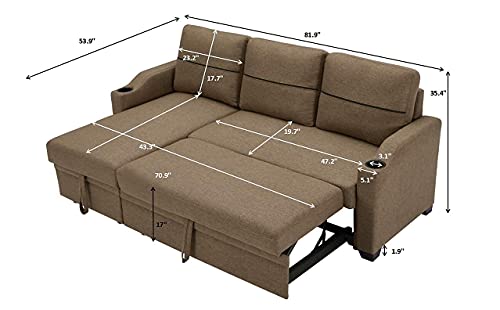 Melpomene Convertible Sectional Sofa Couch Pull Out Bed Sleeper Sofa with Storage 3 Seater L Shaped Couch Linen Upholstered Fabric Corner Sofa with 2 Cupholders for Living Room (Brown)