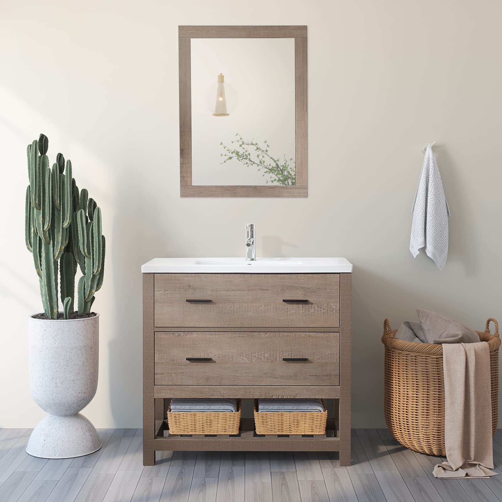 wonline 36’’ Bathroom Vanity with Sink Freestanding Cabinet Set Design Resin Basin Undermount Sink with Mirror Chrome Faucet P-Trap Drain Modern Bathroom Sink Cabinet Brown Powder Room