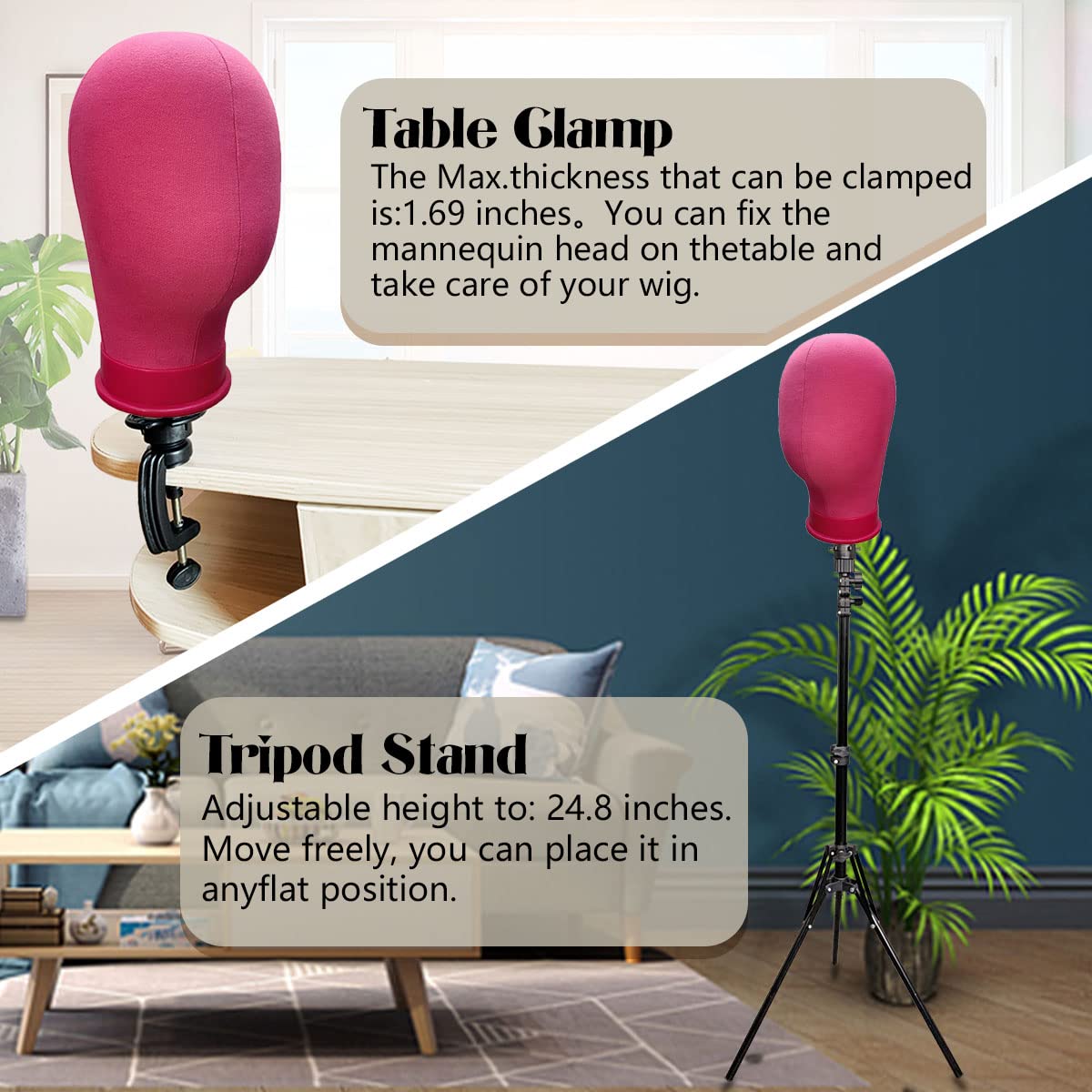 Ginogend 23 Inch Wig Head, Wig Stand Tripod with Head, Canvas Wig Head, Mannequin Head for Wigs, Manikin Canvas Head Block Set for Wigs Making Display, with Table Clamp, Wig Caps, Pins Set,