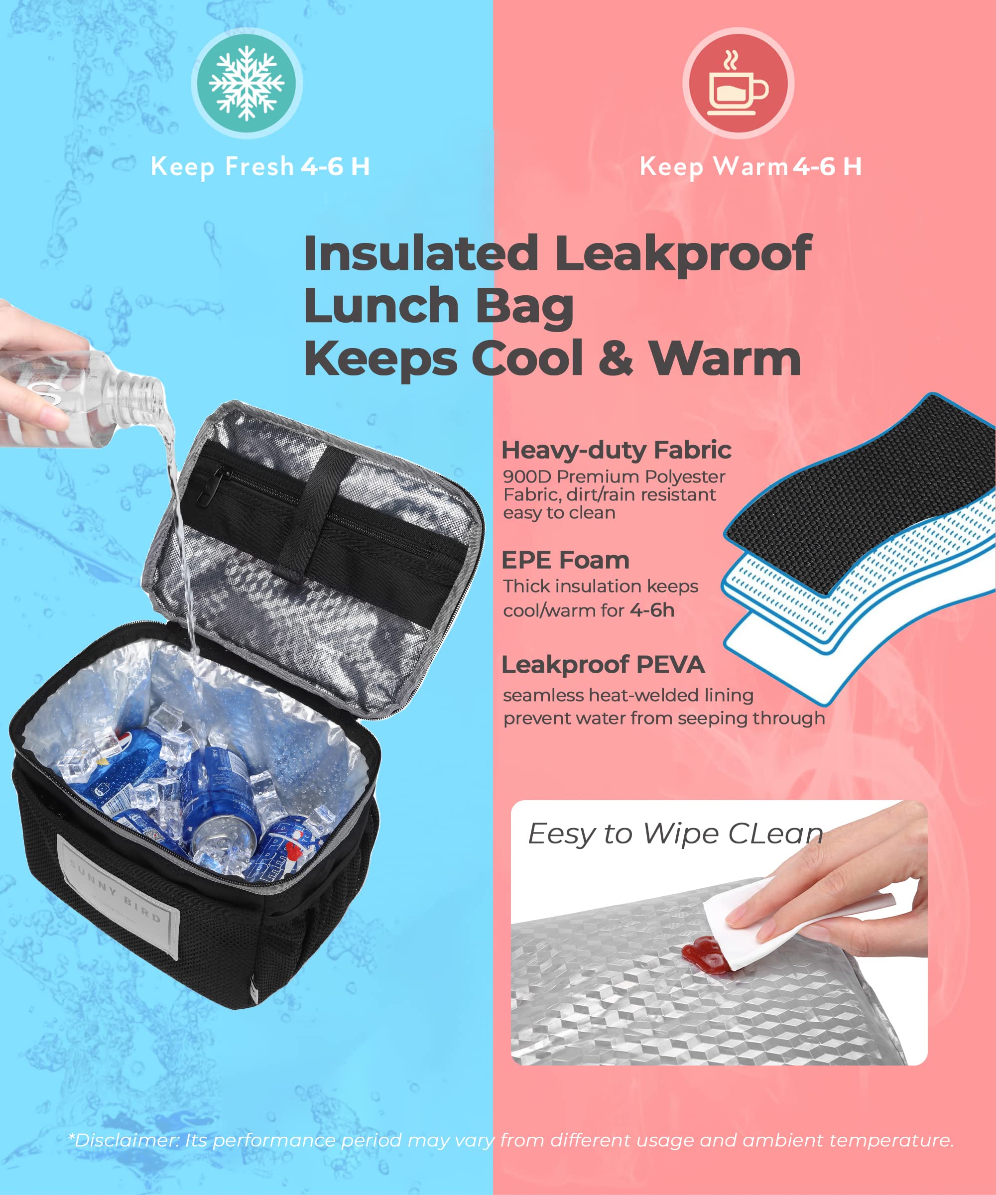 SUNNY BIRD Insulated Lunch Bag with Foldable and Leakproof Design, Thermally Insulated, Shoulder Strap for Women, Men and Teen (Black 002)