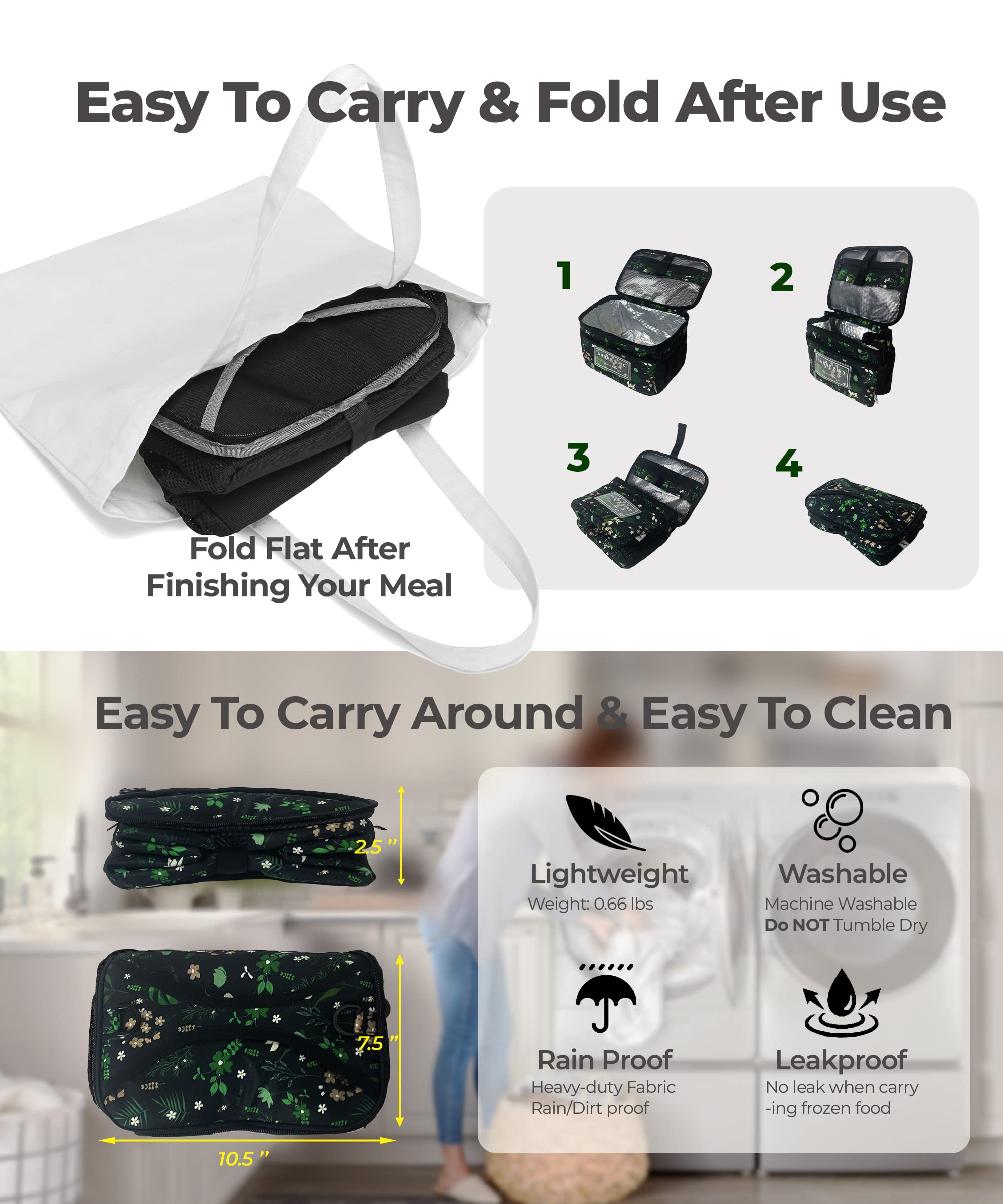 SUNNY BIRD Insulated Lunch Bag with Foldable and Leakproof Design, Thermally Insulated, Shoulder Strap for Women, Men and Teen (Black 002)