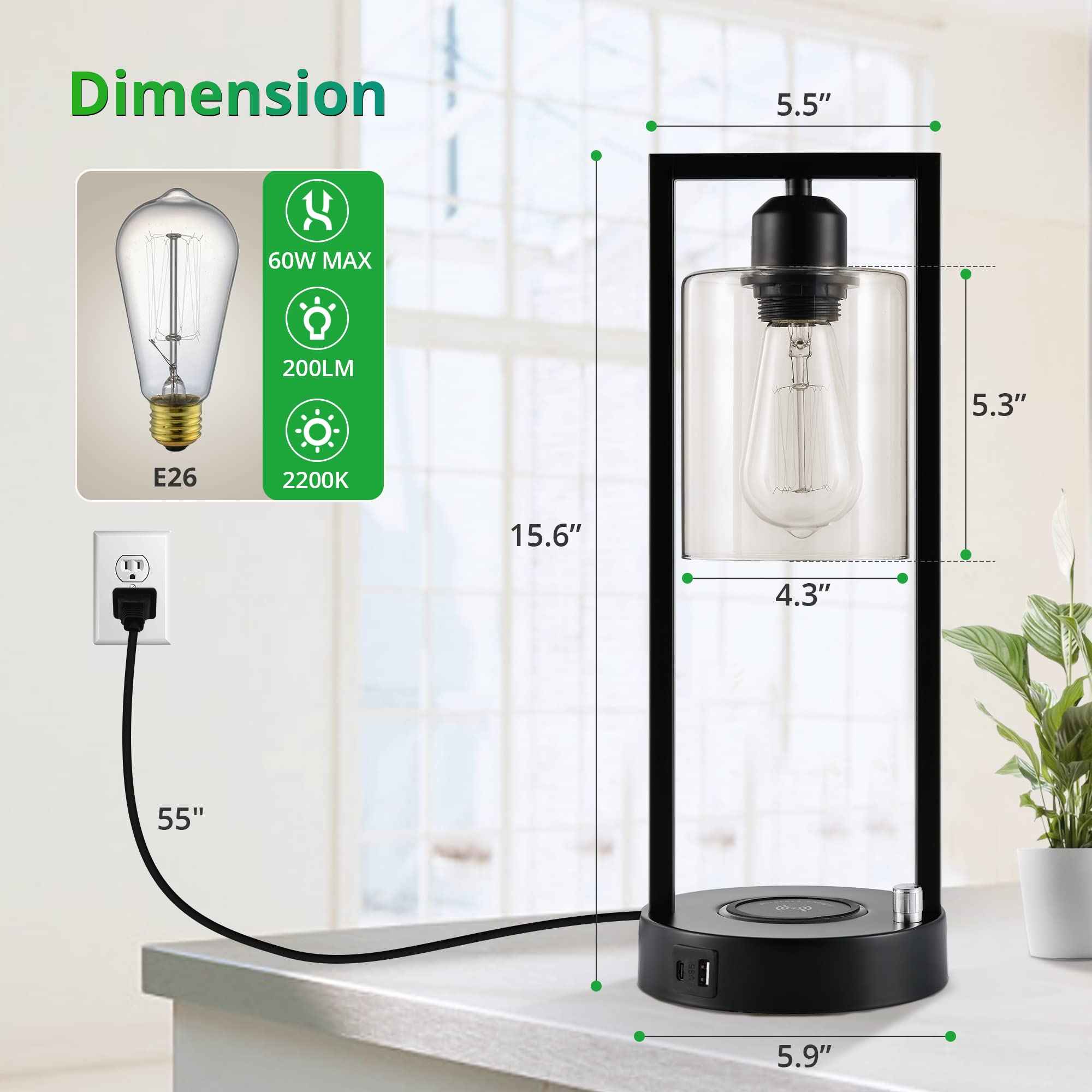 LEDIARY Set of 2 Wireless Charging Table Lamps with AC Outlet and 2 USB Ports, Fully Stepless Dimmable Bedside Lamps, Industrial Nightstand Lamp with Glass Shade for Bedroom, 2200K Bulbs Included