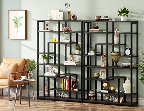 Tribesigns Black Bookshelf 47” Bookcase 9 Tier Tall Book Shelf Rustic Geometric Bookcase Display Shelf Organizer with Open Storage Shelf for Living Room, Industrial Wood Metal Bookshelf for Office