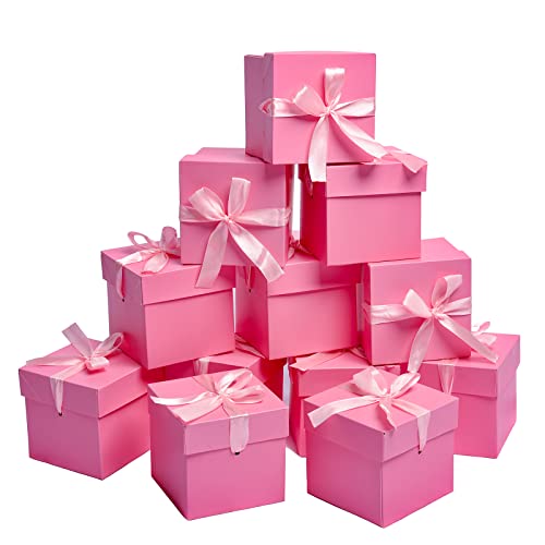 GP SUP 12 Pcs Squared Boxes with Lids,Pink Kraft Gift Boxes for Birthdays Christmas,Mother's Day (Pink, 4”×4”×4”)