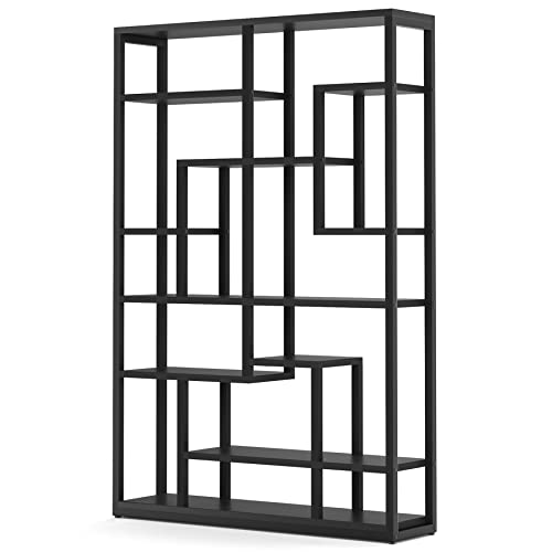 Tribesigns Black Bookshelf 47” Bookcase 9 Tier Tall Book Shelf Rustic Geometric Bookcase Display Shelf Organizer with Open Storage Shelf for Living Room, Industrial Wood Metal Bookshelf for Office