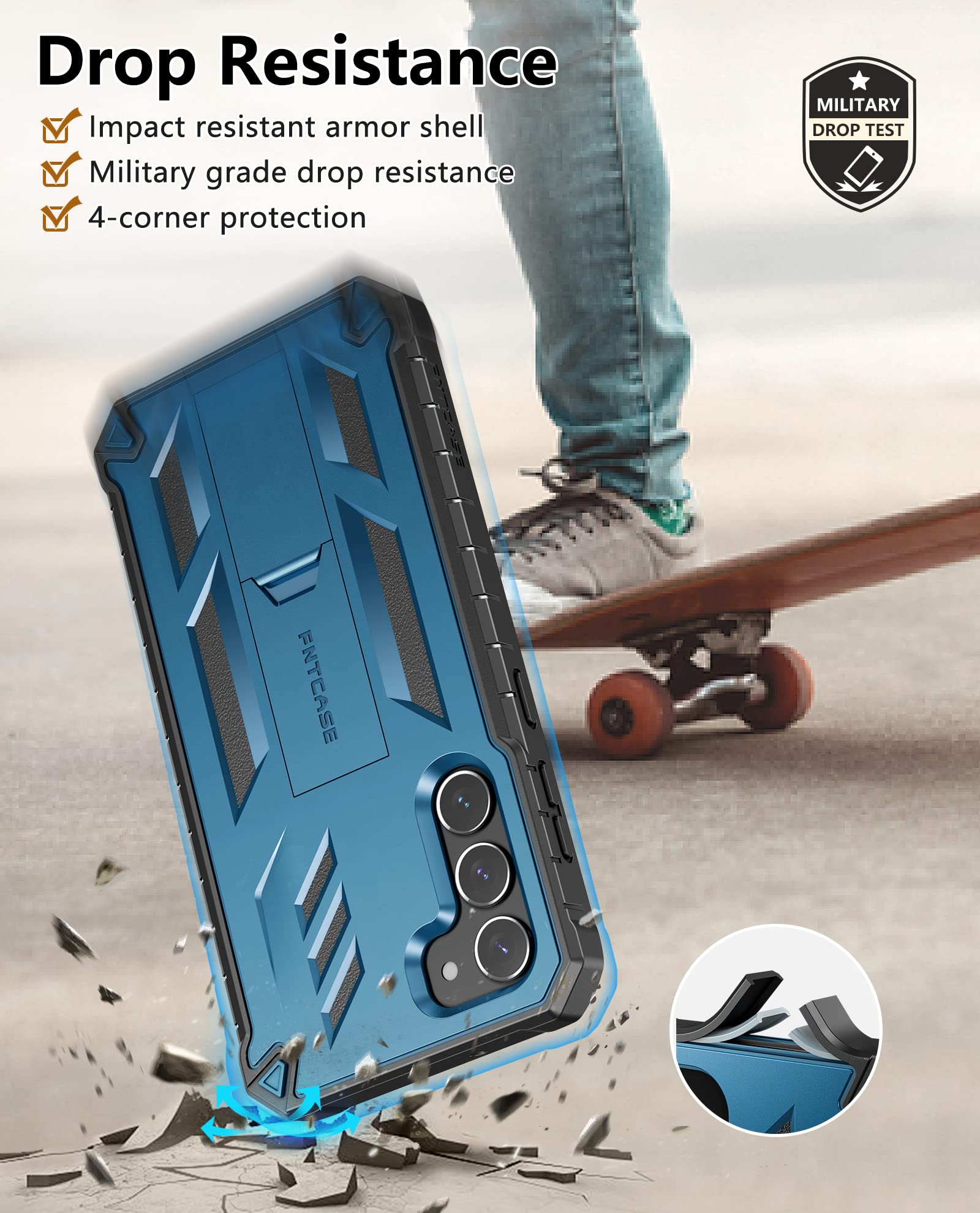 FNTCASE for Samsung-Galaxy S23+Plus Case: Dual Layer Protective Textured Cover & Rugged TPU Shell with Kickstand | Military Grade Drop Protection | Heavy Duty Cell Phone Protector(Blue)