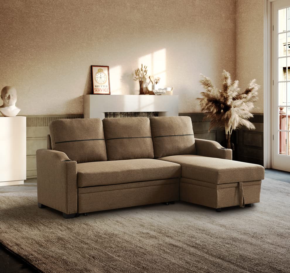 Melpomene Convertible Sectional Sofa Couch Pull Out Bed Sleeper Sofa with Storage 3 Seater L Shaped Couch Linen Upholstered Fabric Corner Sofa with 2 Cupholders for Living Room (Brown)