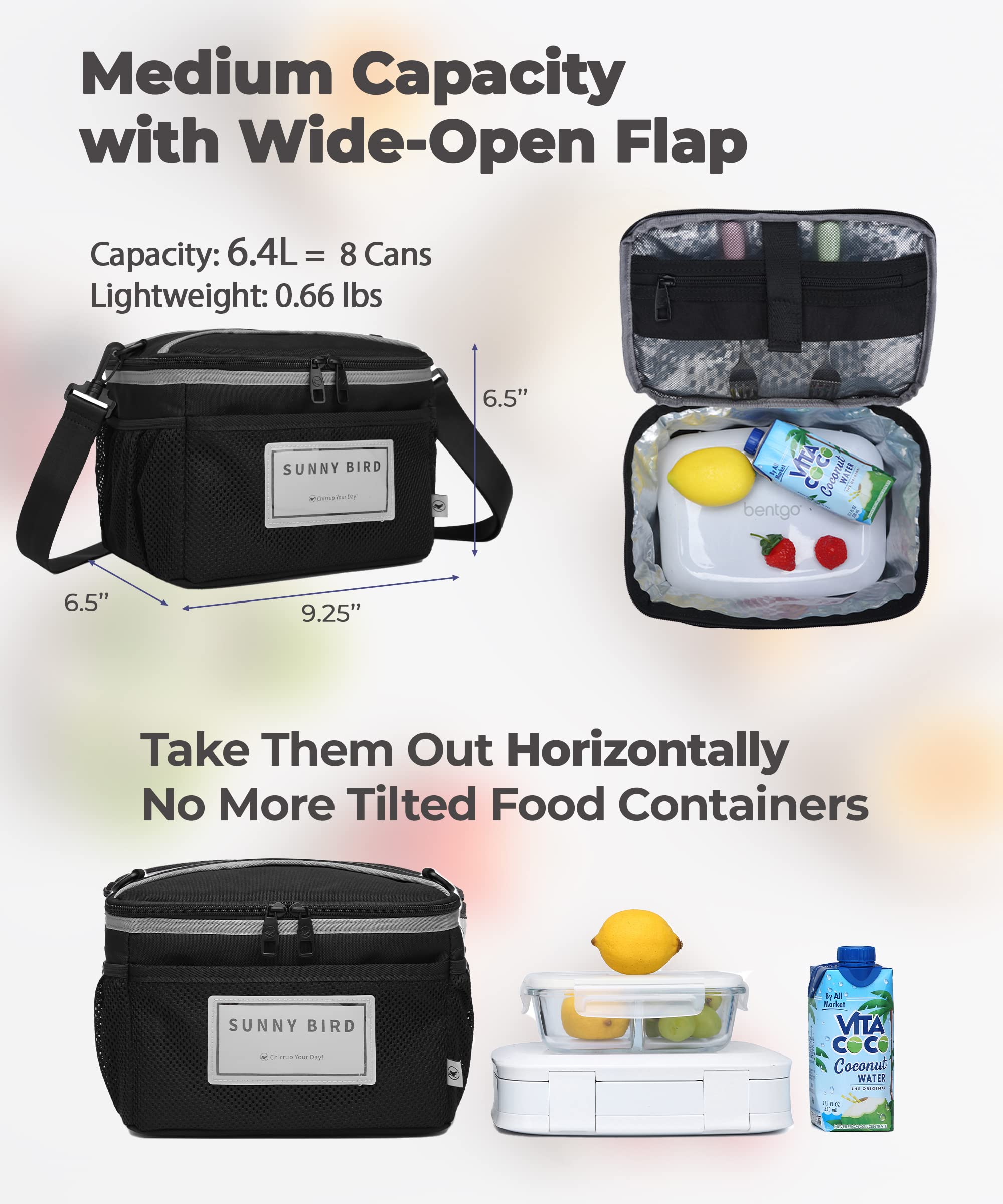 SUNNY BIRD Insulated Lunch Bag with Foldable and Leakproof Design, Thermally Insulated, Shoulder Strap for Women, Men and Teen (Black 002)