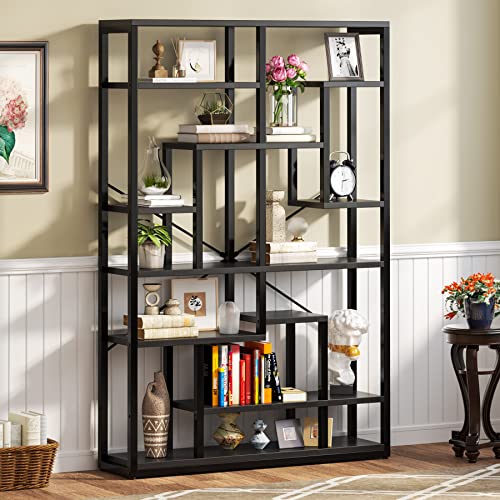 Tribesigns Black Bookshelf 47” Bookcase 9 Tier Tall Book Shelf Rustic Geometric Bookcase Display Shelf Organizer with Open Storage Shelf for Living Room, Industrial Wood Metal Bookshelf for Office