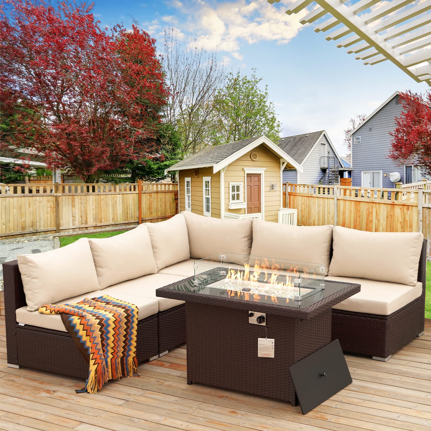 NICESOUL® Large 6 Pieces Brown Patio Furniture Sets with Gas Propane Fire Pit Table PE Wicker Modular High Back Outdoor Sectional Sofa Patio Conversation Sets with Firepit for Backyard Pool Garden