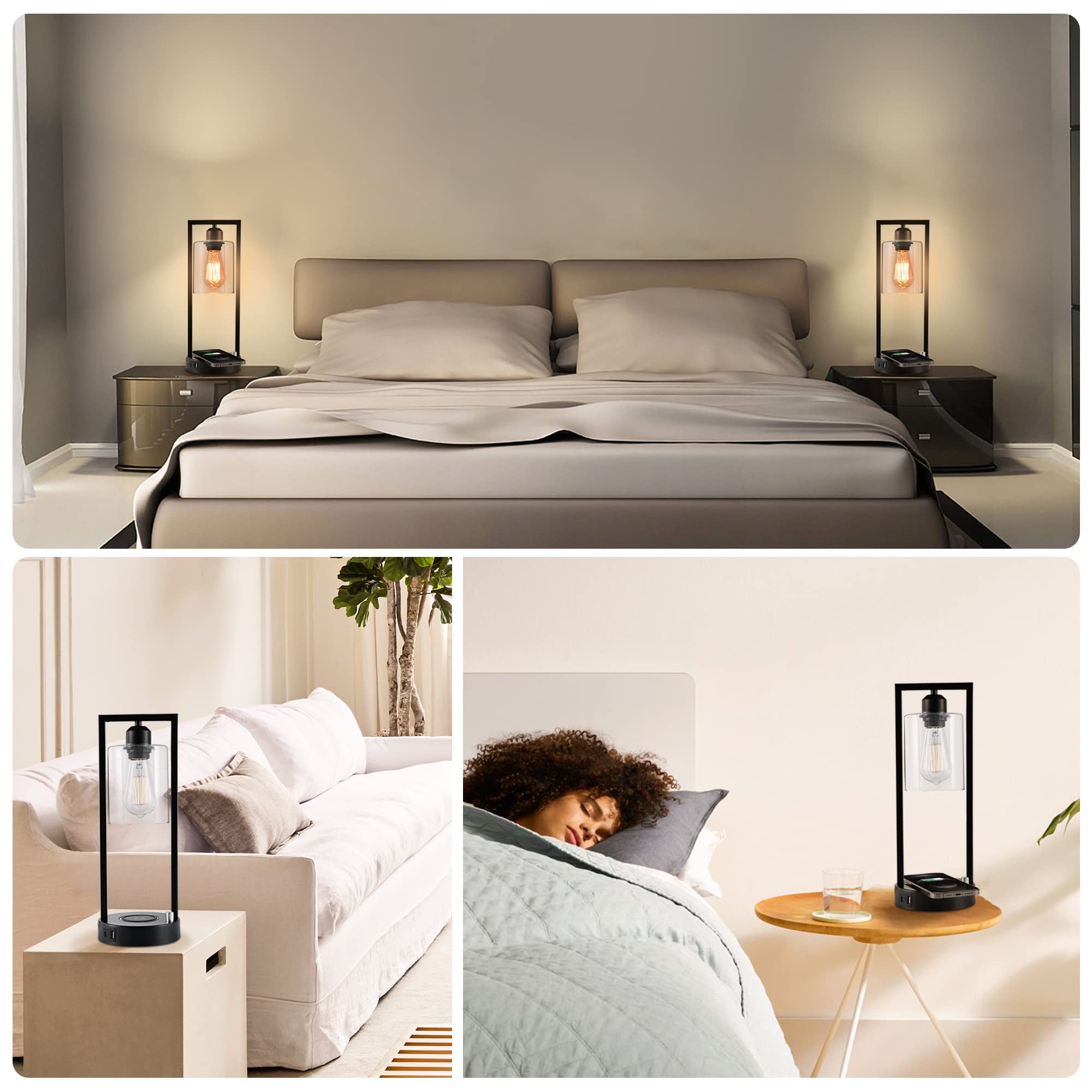 LEDIARY Set of 2 Wireless Charging Table Lamps with AC Outlet and 2 USB Ports, Fully Stepless Dimmable Bedside Lamps, Industrial Nightstand Lamp with Glass Shade for Bedroom, 2200K Bulbs Included