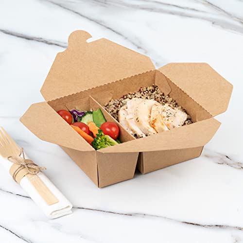 Restaurantware Bio Tek 47 oz Rectangle Kraft Paper #3 Bio Box Take Out Container - 2-Compartment - 6 1/2" x 5 1/4" x 2 1/2" - 200 count box