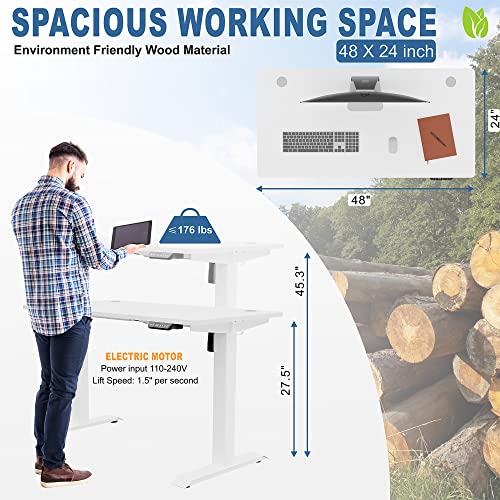 Vongrasig Height Adjustable Electric Standing Desk, 48 x 24 Inches Home Office Stand Up Table Computer Workstation with Splice Table Board & Memory Controller (White Frame + White Desktop)