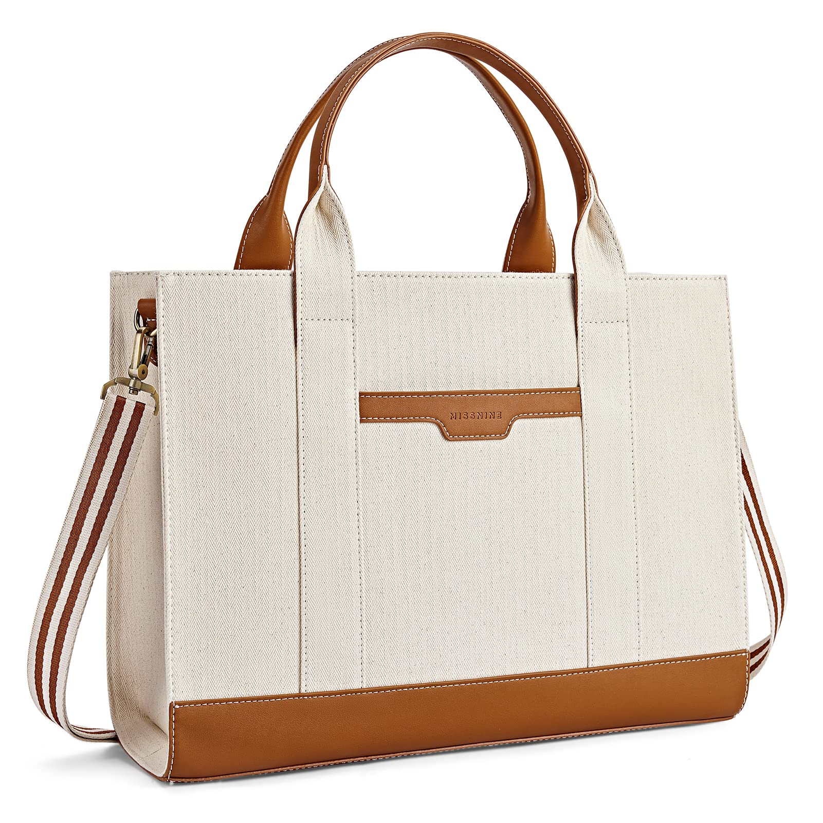Missnine Tote Bag Canvas Laptop Bag 15.6 inch Briefcase for Women Large Capacity Handbag for Office, College, Travel (Brown+Beige)