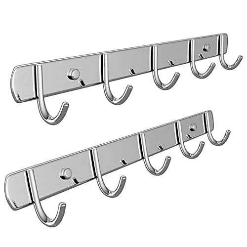Kasilyic 2 Pcs Coat Hook Rack, 14-Inch Towel&Key Hook Rail with 5 Hooks, Durable Wall Mounted Hangers for Bedroom, Bathroom, Foyer, Hallway