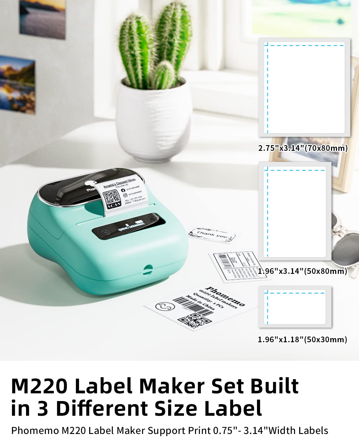 Phomemo Label Maker, M220 Portable Bluetooth Wireless Inkless Label Printer, 3 Inch Barcoden Labeler, Great for Home, School & Office, Compatible with Phone, PC, with 3 Label