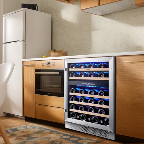 Yeego 24 Inch Wine Cooler, 46 Bottle Dual Zone Wine Refrigerator with Stainless Steel Tempered Glass Door,Memory Function, Fit Champagne Bottles, Wine Fridge Freestanding and Built-in