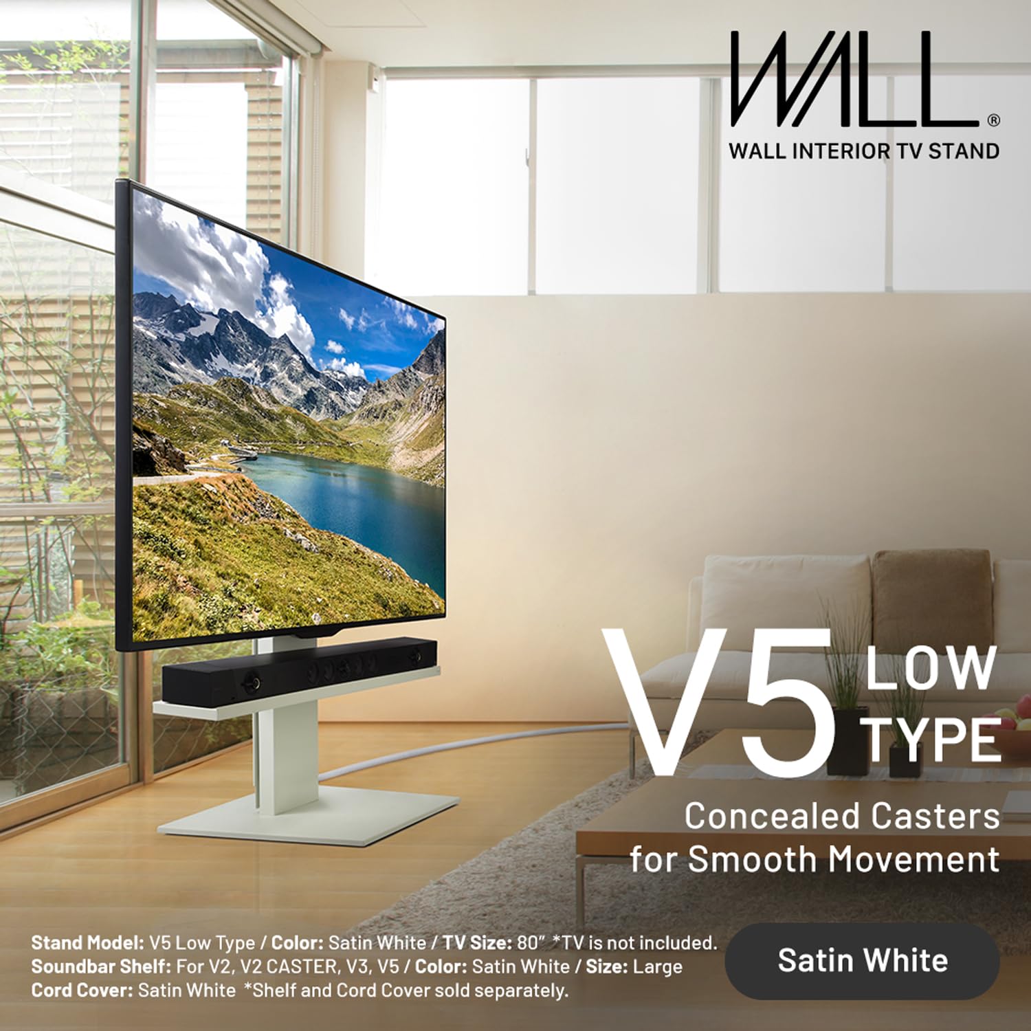 WALL V5 Low Type | Japanese Rolling Portable Free-Standing 32-80 Inch Universal TV Stand with Concealed Caster Wheels | Satin White