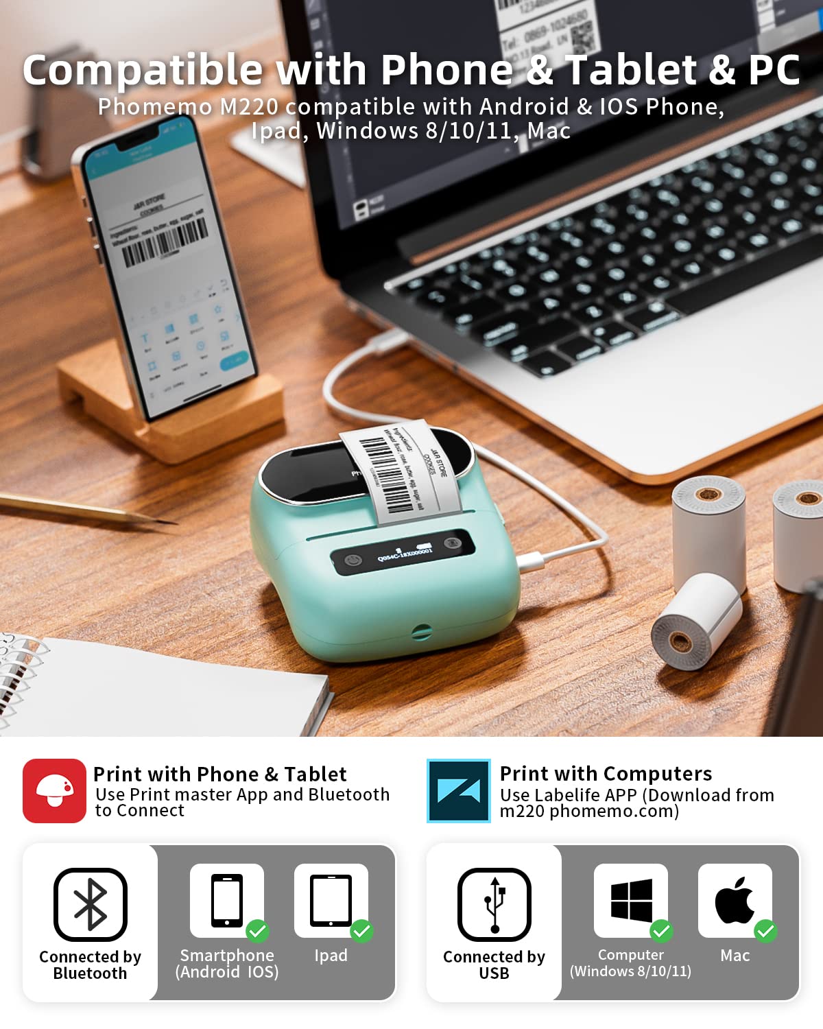 Phomemo Label Maker, M220 Portable Bluetooth Wireless Inkless Label Printer, 3 Inch Barcoden Labeler, Great for Home, School & Office, Compatible with Phone, PC, with 3 Label