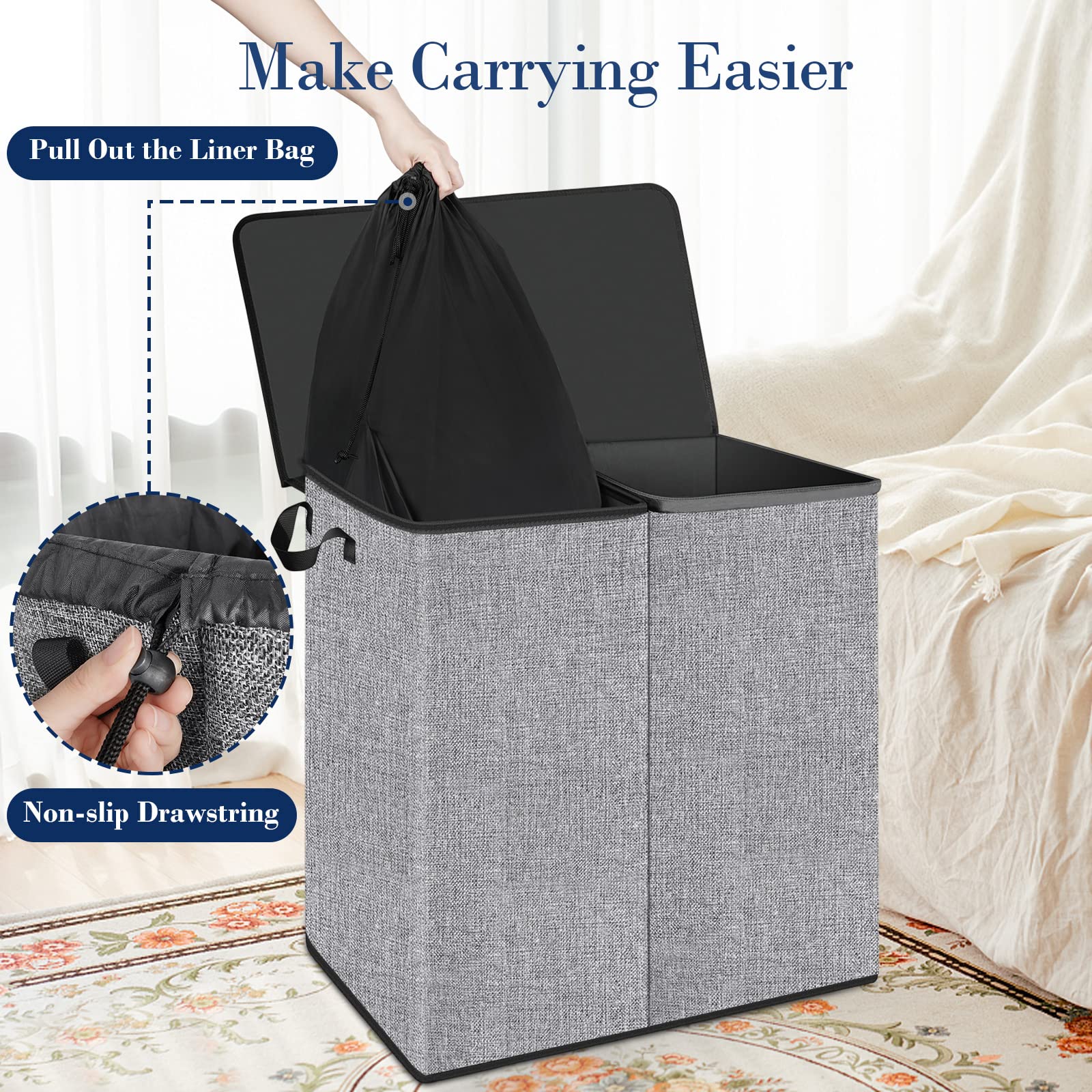 Pheswisom 150 L Extra Large Laundry Hamper with Lid, Double Laundry Hamper 2 Section with Removable Bags, Dirty Clothes Hamper for Storage Sorter, Dual Laundry Hamper for Bedroom, College, Dorm, Grey