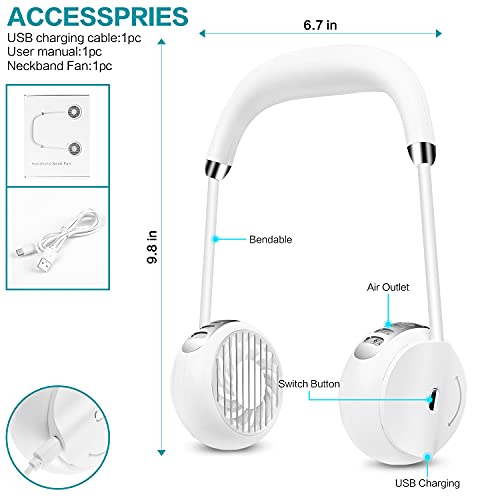 POOCCI Portable Neck Fan, Hands Free Bladeless Fan, USB Rechargeable Wearable Personal Fan, Headphone Design Neck Cooling Fan, USB Powered Neck Fan with 3 Speeds-White