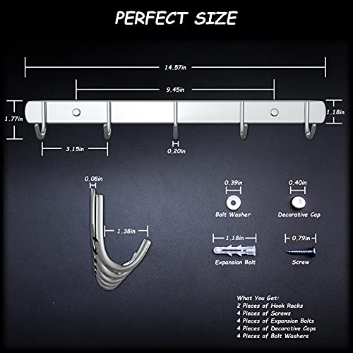 Kasilyic 2 Pcs Coat Hook Rack, 14-Inch Towel&Key Hook Rail with 5 Hooks, Durable Wall Mounted Hangers for Bedroom, Bathroom, Foyer, Hallway