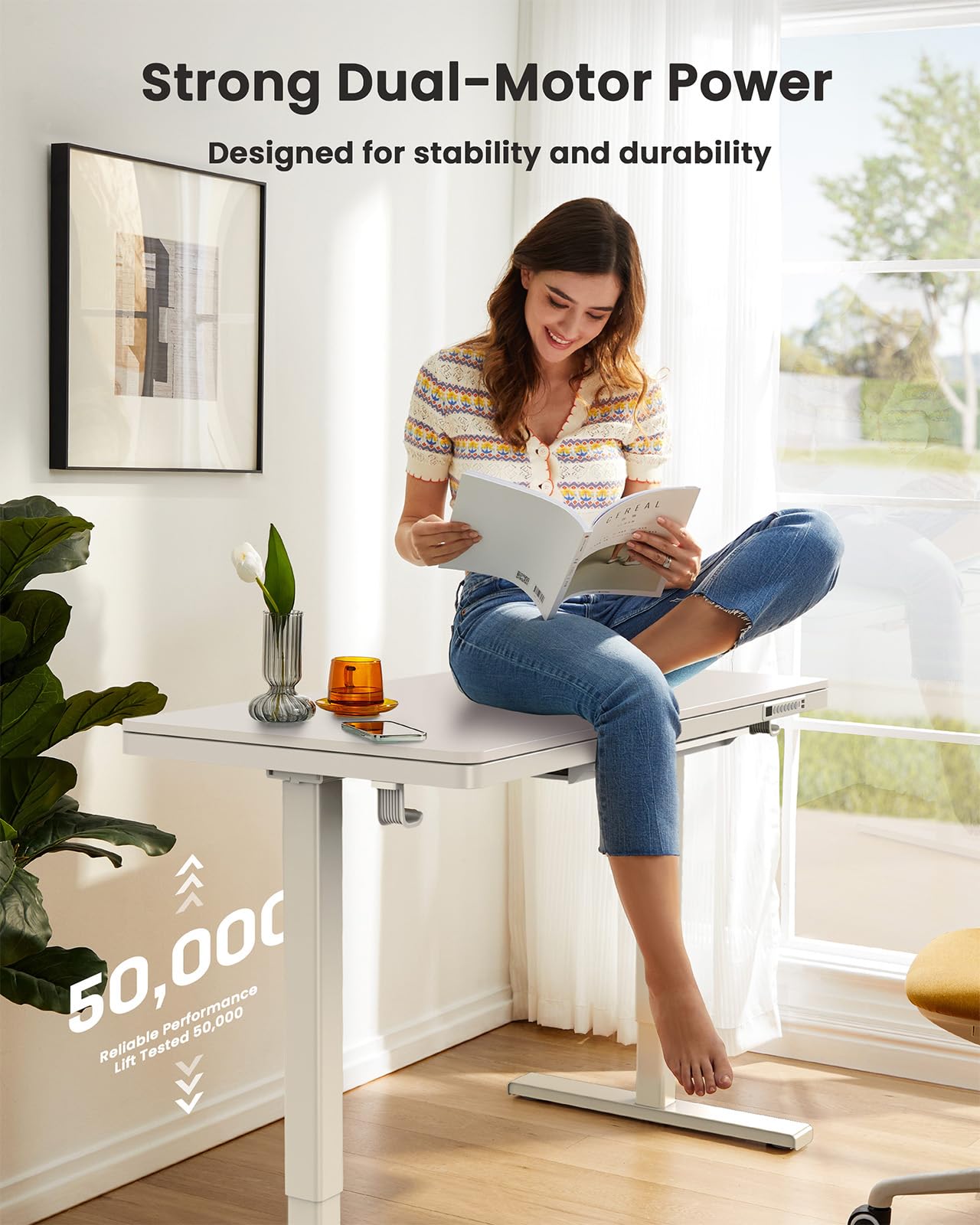 ErGear Dual Motor Electric Standing Desk with Drawers,48x24 Inch Whole-Piece Quick Install,Height Adjustable Stand up Sit Stand Home Office Ergonomic Workstation with USB Charging Ports(White)