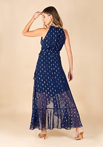 Rhysley Trendy Blue Halter Maxi Dress: Sleeveless Georgette Lurex for Wedding & Summer Parties