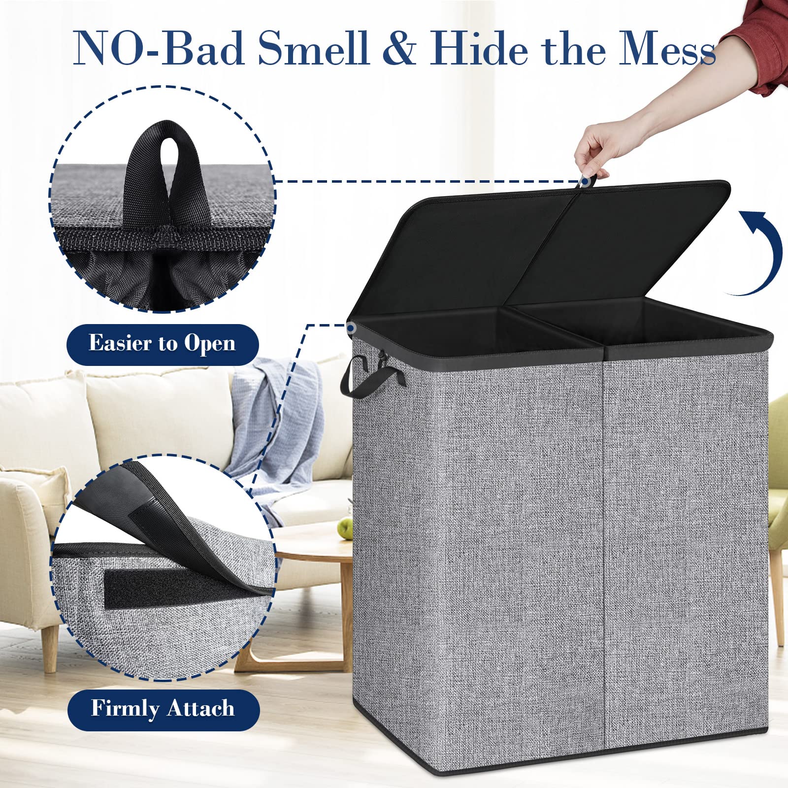 Pheswisom 150 L Extra Large Laundry Hamper with Lid, Double Laundry Hamper 2 Section with Removable Bags, Dirty Clothes Hamper for Storage Sorter, Dual Laundry Hamper for Bedroom, College, Dorm, Grey