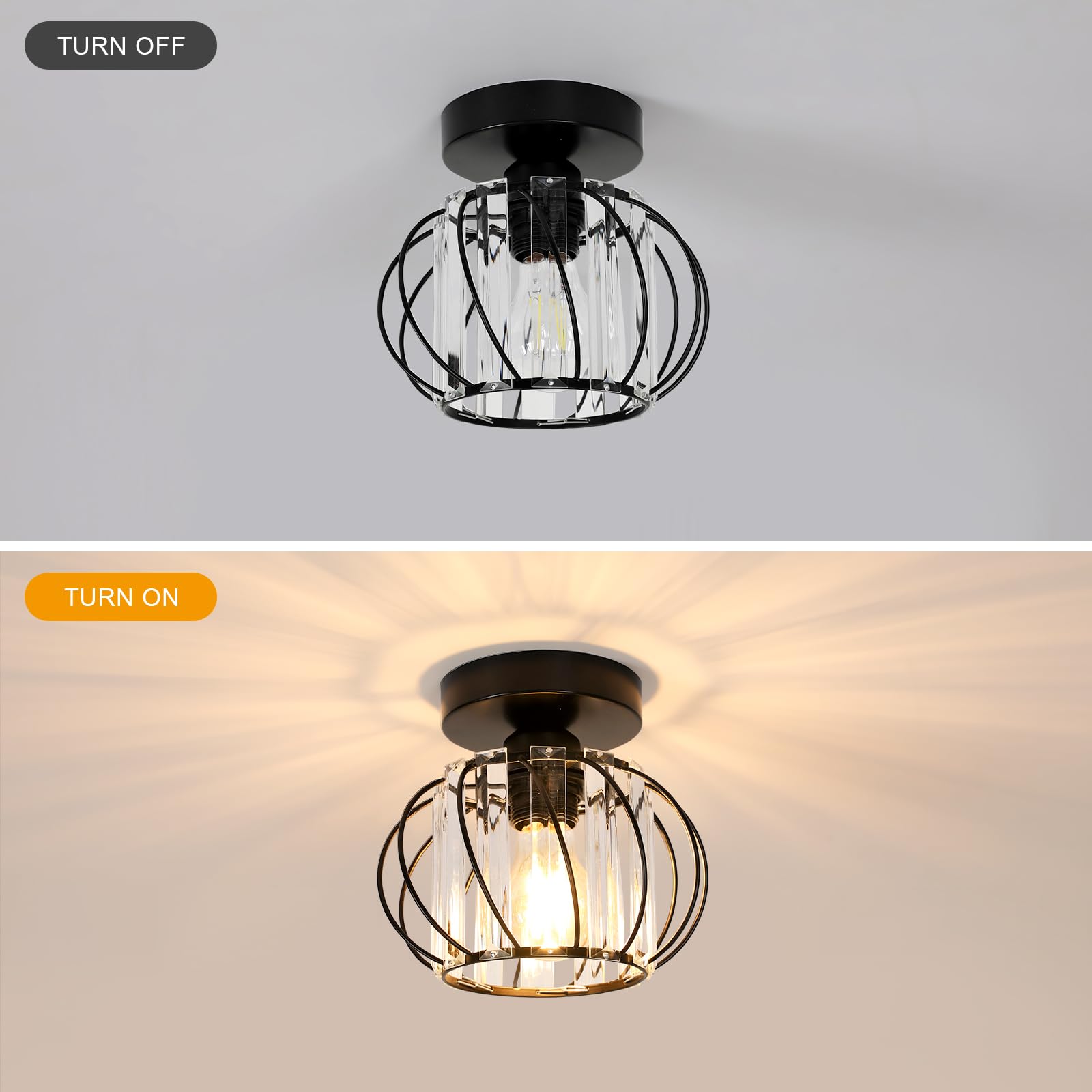 DELIPOP Semi Flush Mount Ceiling Light, Dimmable Small Metal Cage Hallway Light Fixtures Ceiling Lamps, Farmhouse Ceiling Light Fixture, Industrial Crystal Chandelier for Corridor Bathroom Kitchen