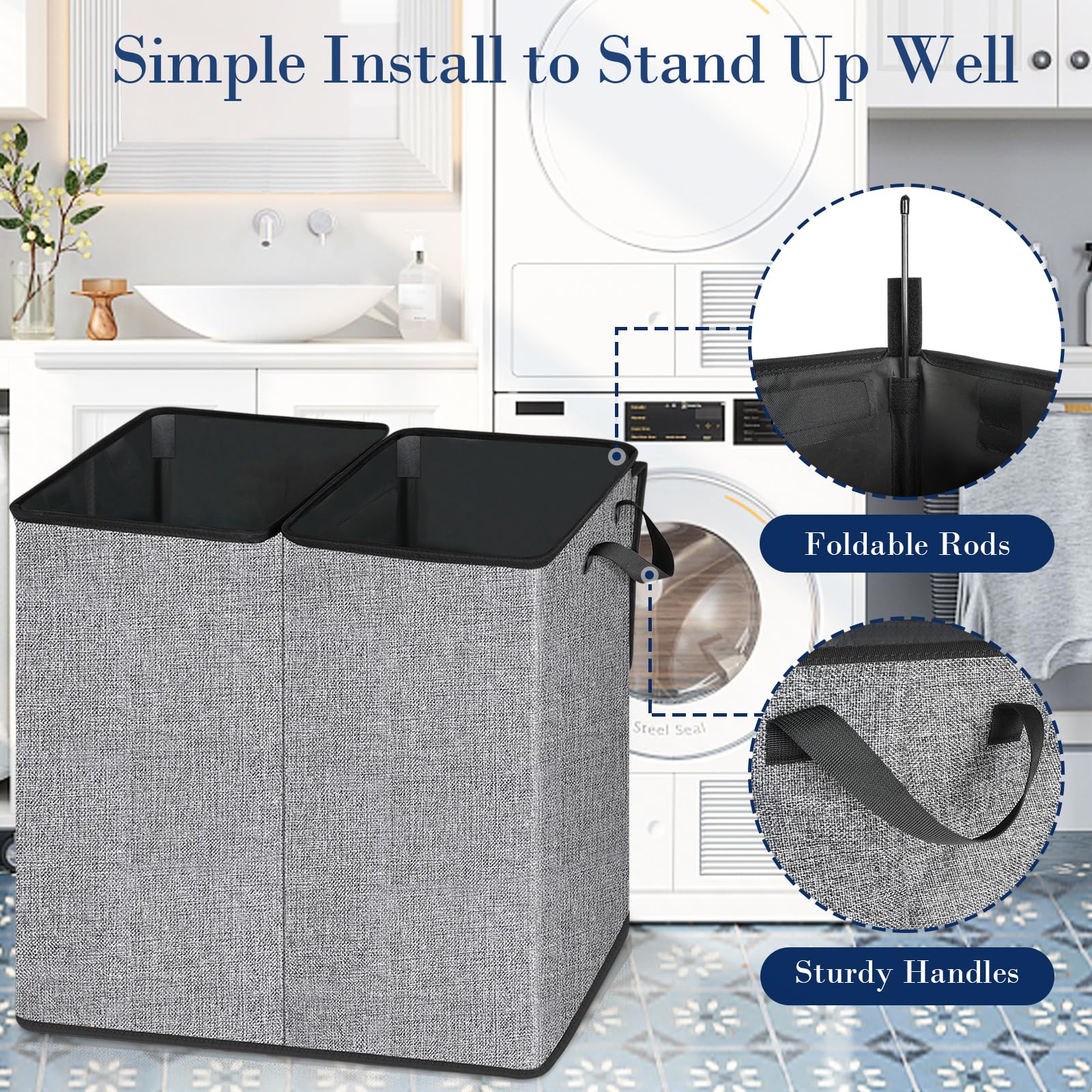 Pheswisom 150 L Extra Large Laundry Hamper with Lid, Double Laundry Hamper 2 Section with Removable Bags, Dirty Clothes Hamper for Storage Sorter, Dual Laundry Hamper for Bedroom, College, Dorm, Grey