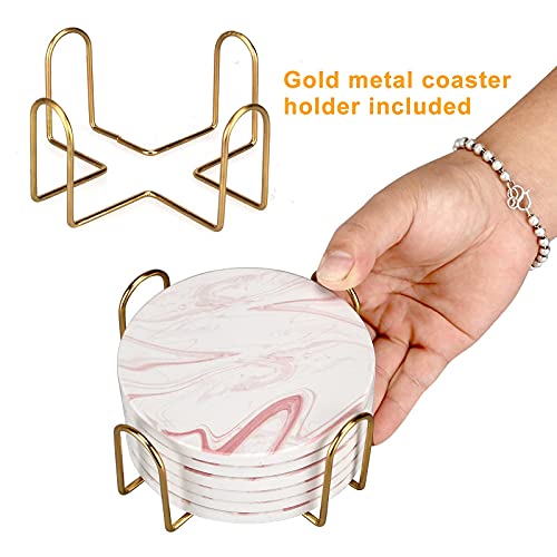 6 Pcs Cute Pink Marble Coasters with Holder Absorbent Ceramic Cup Coasters Best Decorative Round Cool Coaster Set Bar Modern Coasters Table Drink Coasters