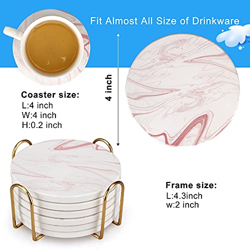 6 Pcs Cute Pink Marble Coasters with Holder Absorbent Ceramic Cup Coasters Best Decorative Round Cool Coaster Set Bar Modern Coasters Table Drink Coasters
