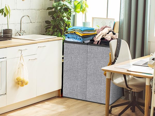 Pheswisom 150 L Extra Large Laundry Hamper with Lid, Double Laundry Hamper 2 Section with Removable Bags, Dirty Clothes Hamper for Storage Sorter, Dual Laundry Hamper for Bedroom, College, Dorm, Grey