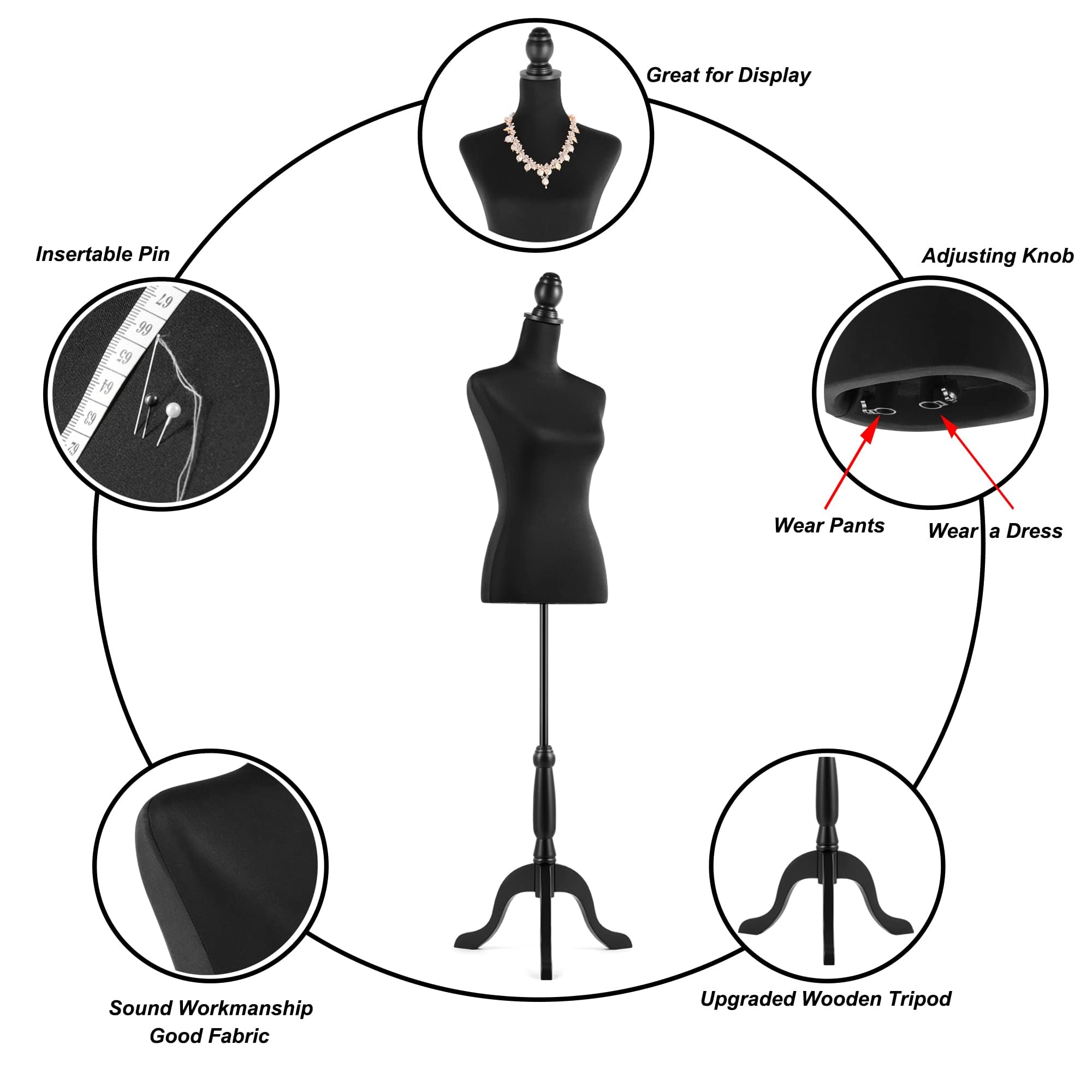 HAORUI Dress Form Mannequin Torso with Adjustable Tripod Stand, Pinnable Female Mannequin Body Manikin for Sewing, Dressmaker, Home Decor, Jewelry Display (Black)
