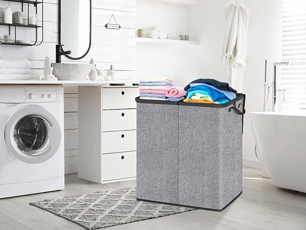 Pheswisom 150 L Extra Large Laundry Hamper with Lid, Double Laundry Hamper 2 Section with Removable Bags, Dirty Clothes Hamper for Storage Sorter, Dual Laundry Hamper for Bedroom, College, Dorm, Grey