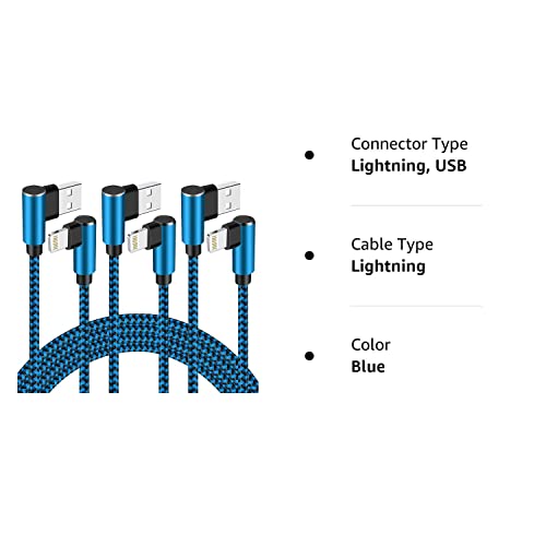 finekeep iPhone Charger Cable 10FT 3 Pack 90 Degree Lightning Cable MFi Certified Nylon Braided Right Angled Lightning Charging Cable for iPhone 12/11/11 Pro/XS Max/XR/X/8/7/6 (Blue Black)
