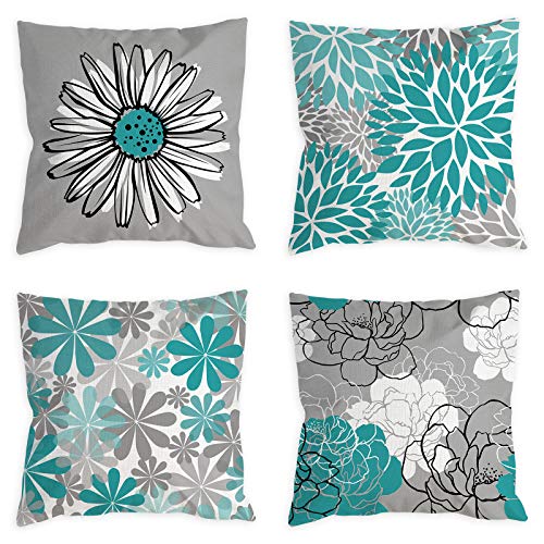 COLORPAPA Teal Pillow Covers 18x18 Set of 4 Turquoise and Grey Decorative Throw Pillow Cover for Couch Modern Daisy Pillows Case for Living Room Cushion Bed Outdoor Home Decor