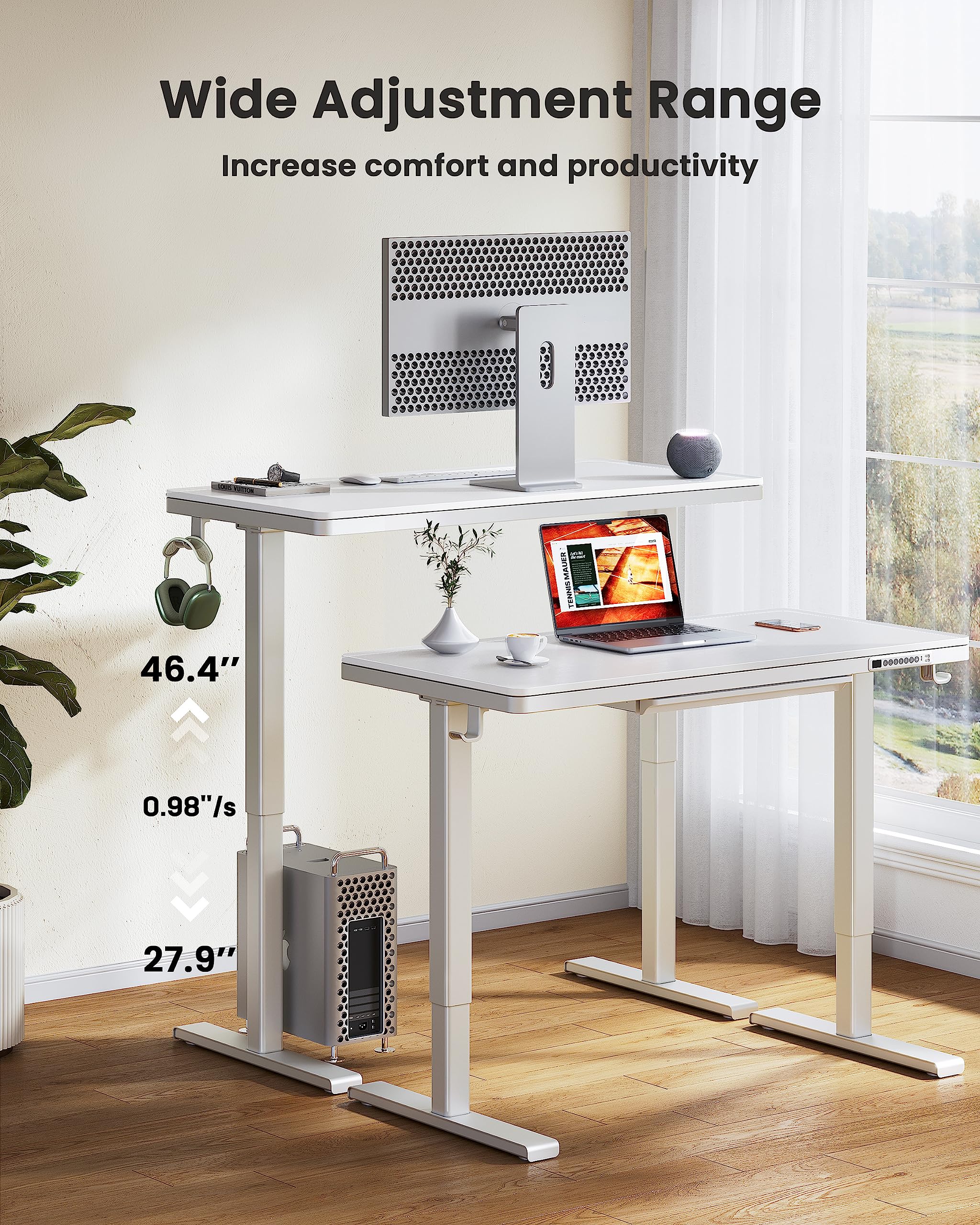 ErGear Dual Motor Electric Standing Desk with Drawers,48x24 Inch Whole-Piece Quick Install,Height Adjustable Stand up Sit Stand Home Office Ergonomic Workstation with USB Charging Ports(White)