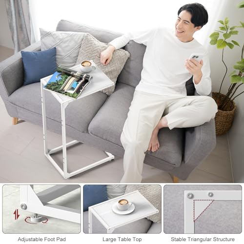 melos C Shaped End Table, Snack Side Table, C Tables for Couch, Couch Tables That Slide Under, for Living Room, Bedroom, White
