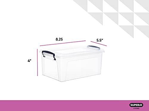 Superio Plastic Storage Box, Clear Container Bin with Lid, 1.75 Quart, Small Stackable Tote with Snap Lock Handles