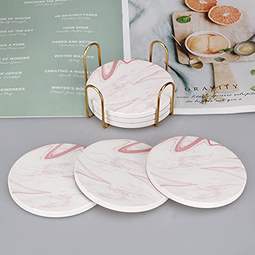 6 Pcs Cute Pink Marble Coasters with Holder Absorbent Ceramic Cup Coasters Best Decorative Round Cool Coaster Set Bar Modern Coasters Table Drink Coasters