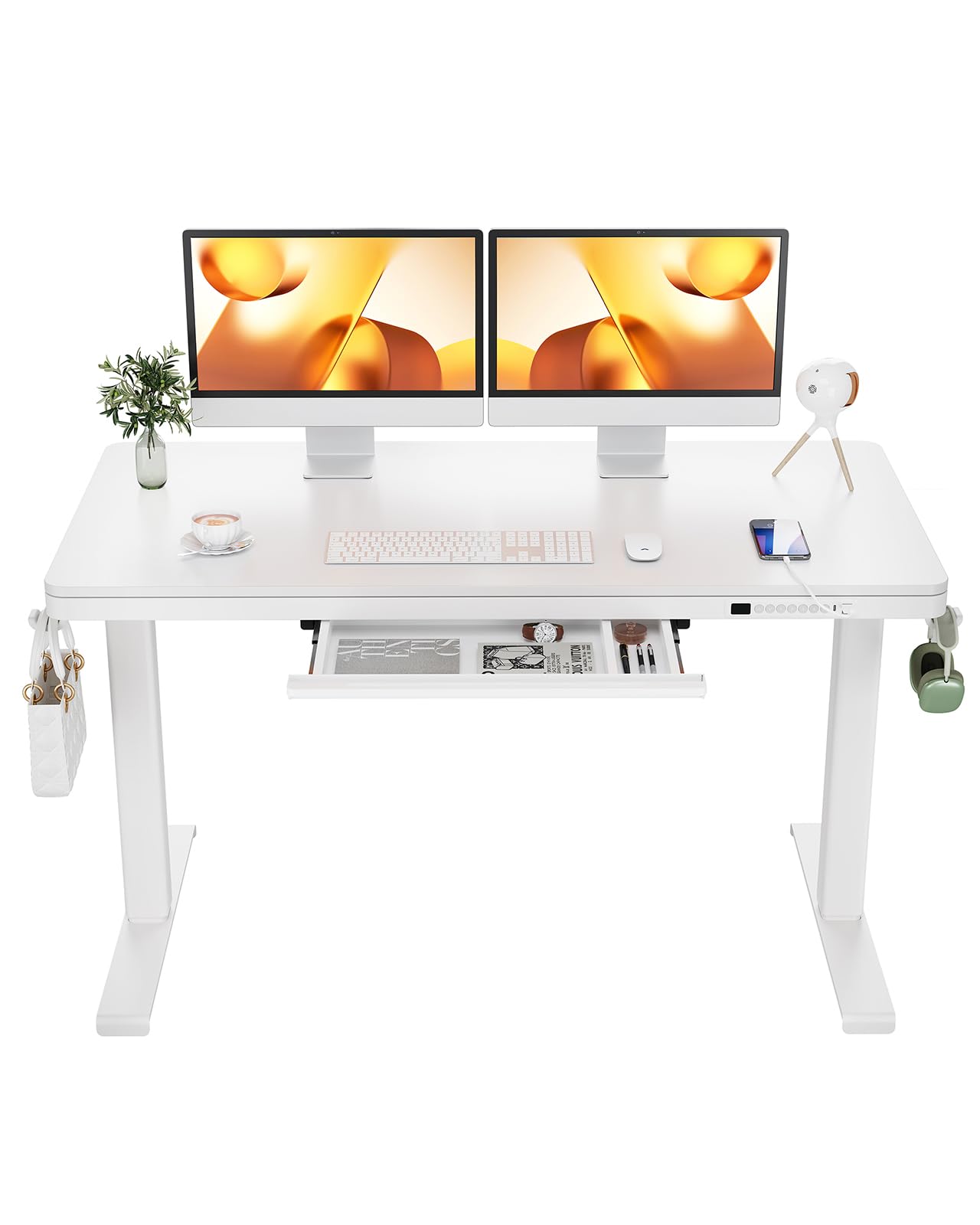 ErGear Dual Motor Electric Standing Desk with Drawers,48x24 Inch Whole-Piece Quick Install,Height Adjustable Stand up Sit Stand Home Office Ergonomic Workstation with USB Charging Ports(White)