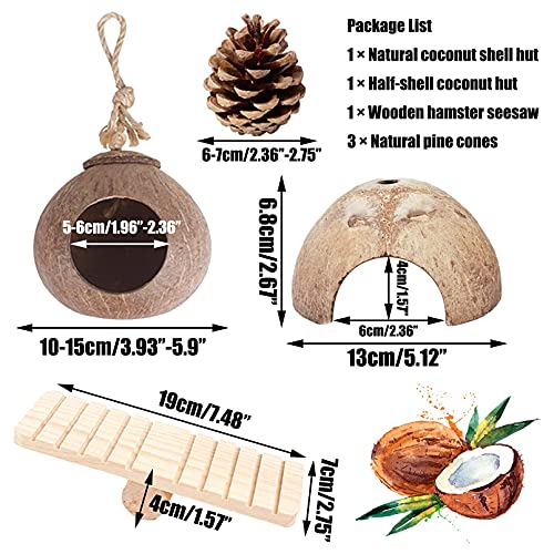 PINVNBY Coconut Hut Hamster Hiding House Hanging Coconut Shells Pet Cave Hideout Small Animal Cage Habitat Decor for Gerbils Rats Mice Dwarf Syrian Hamster Playing & Resting (6 PCS)