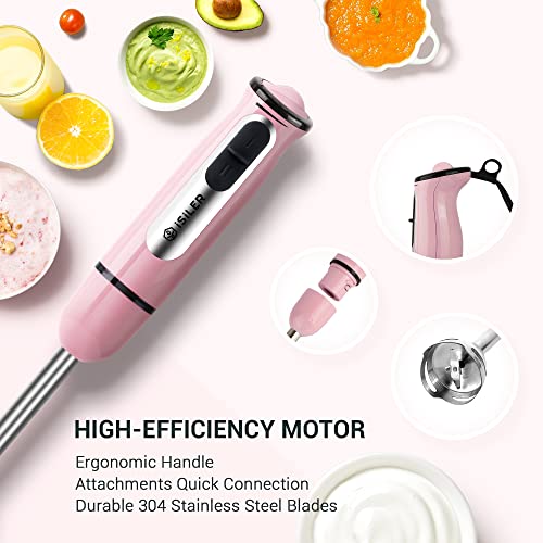 Immersion Hand Blender, ISILER 5-in-1 500-Watt Multi-Purpose Stick Blender with 860ml Food Chopper, 600ml Container, Milk Frother, Egg Whisk, 8-Speed for Puree Infant Food Smoothies Soups Pink