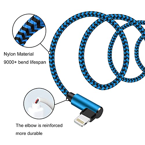 finekeep iPhone Charger Cable 10FT 3 Pack 90 Degree Lightning Cable MFi Certified Nylon Braided Right Angled Lightning Charging Cable for iPhone 12/11/11 Pro/XS Max/XR/X/8/7/6 (Blue Black)