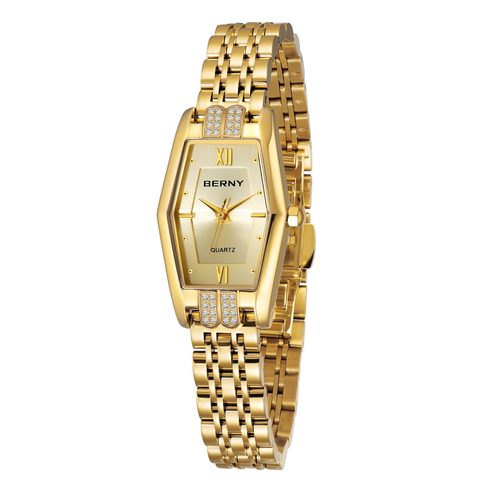 BERNY Gold Watches for Women Dainty Hexagon Ladies Quartz Wrist Watches Stainless Steel Band Fashion Analog Watch Luxury Bracelet(Gold Dial)