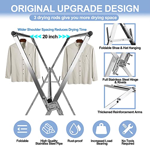 MRCTVG Upgrade 79 Inches Clothes Drying Rack, Premium Stainless Steel Adjustable and Foldable Laundry Drying Rack for Indoor Outdoor, with 20 Windproof Hooks